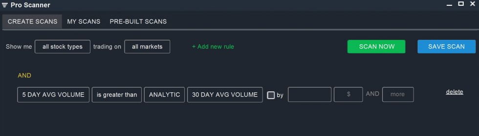 Relative Volume Scanner - Scan Settings for Active Traders